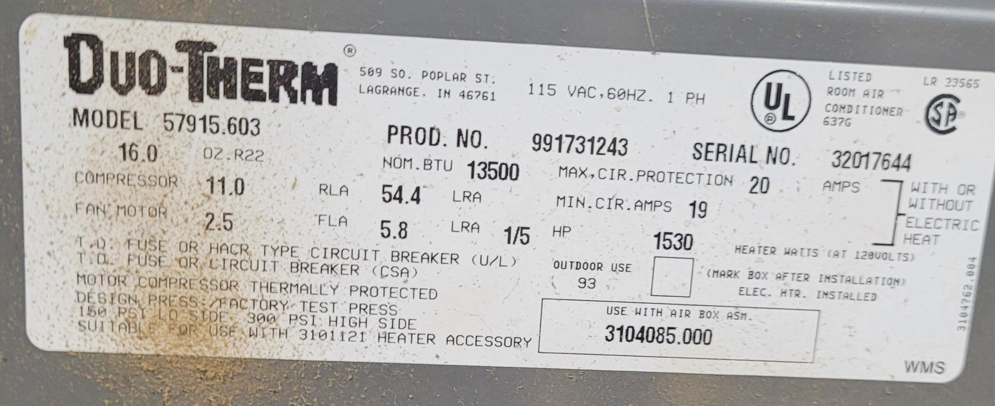 Used Duo-Therm Air conditioner Head Unit 57915.603 | 13500 BTU Cool ...